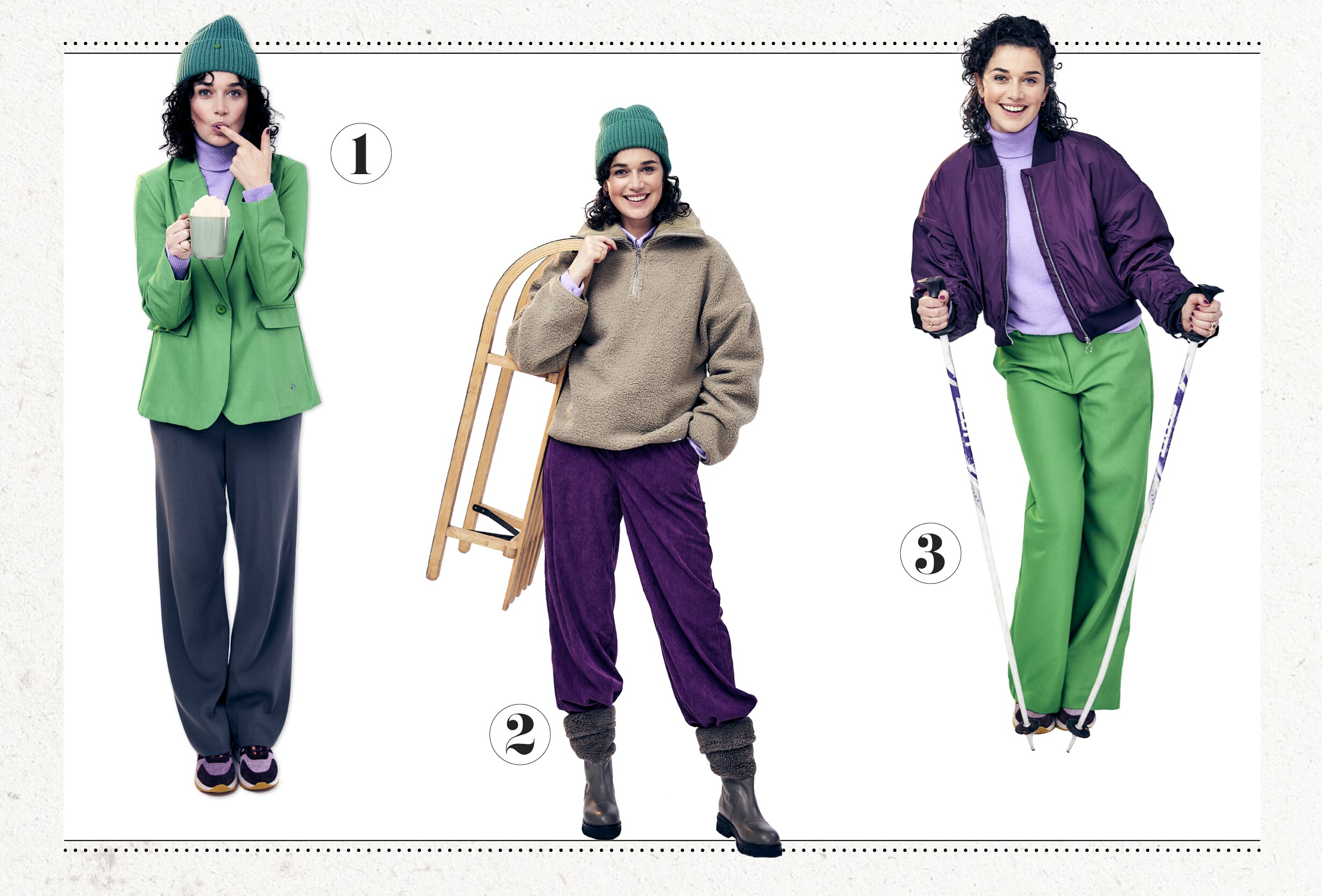 12 items: 25 looks, 13 accessoires in modekleuren groen & paars | Libelle