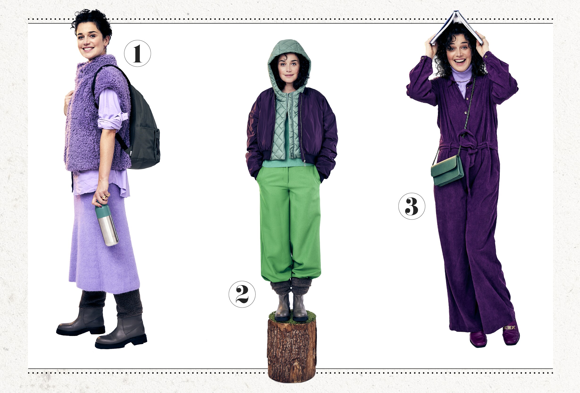 12 items: 25 looks, 13 accessoires in modekleuren groen & paars | Libelle